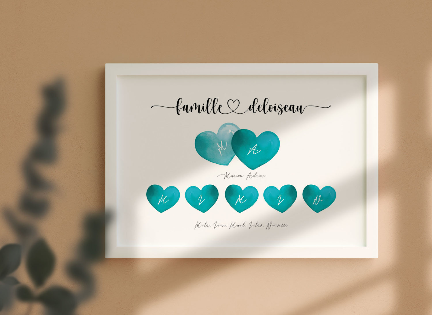 Affiche famille - prénoms de famille coeur | cadeau famille poster